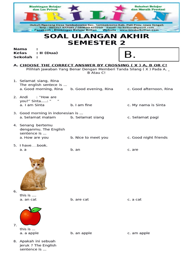 Soal UAS Bahasa Inggris Kelas 2 SD Semester 1 Ganjil Dan Kunci Jawaban WWW Bimbelbrilian Com | PDF
