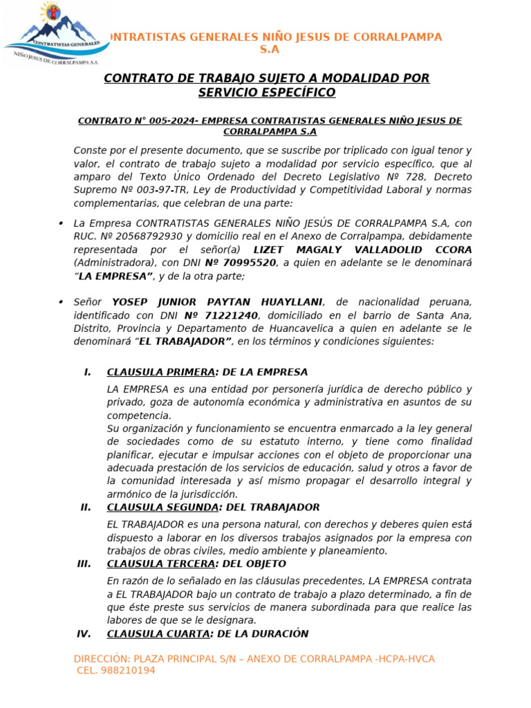 Contrato de Trabajo Sujeto A Modalidad Por Servicio Especifico Sistema | PDF | Derecho laboral ...