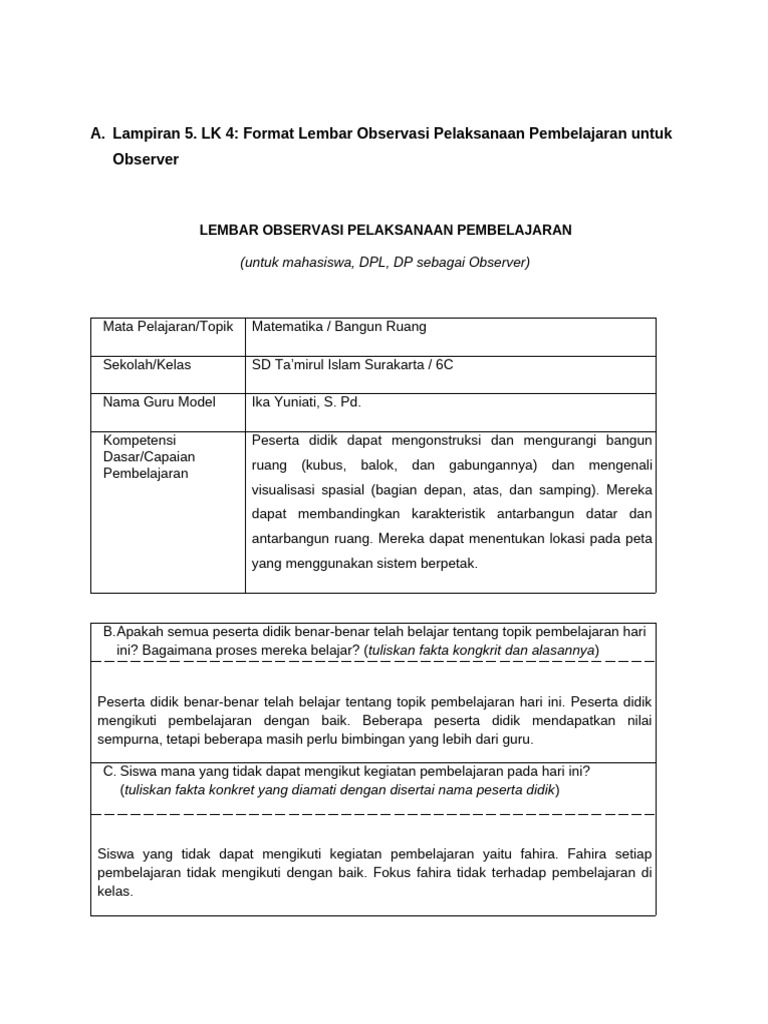Lampiran 5. LK 4 Format Lembar Observasi Pelaksanaan Pembelajaran Untuk Observer-1 | PDF
