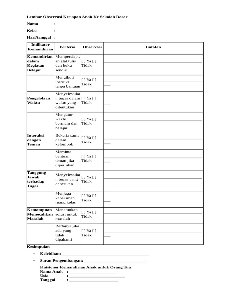 Lembar Observasi Kesiapan Anak Ke Sekolah Dasar | PDF