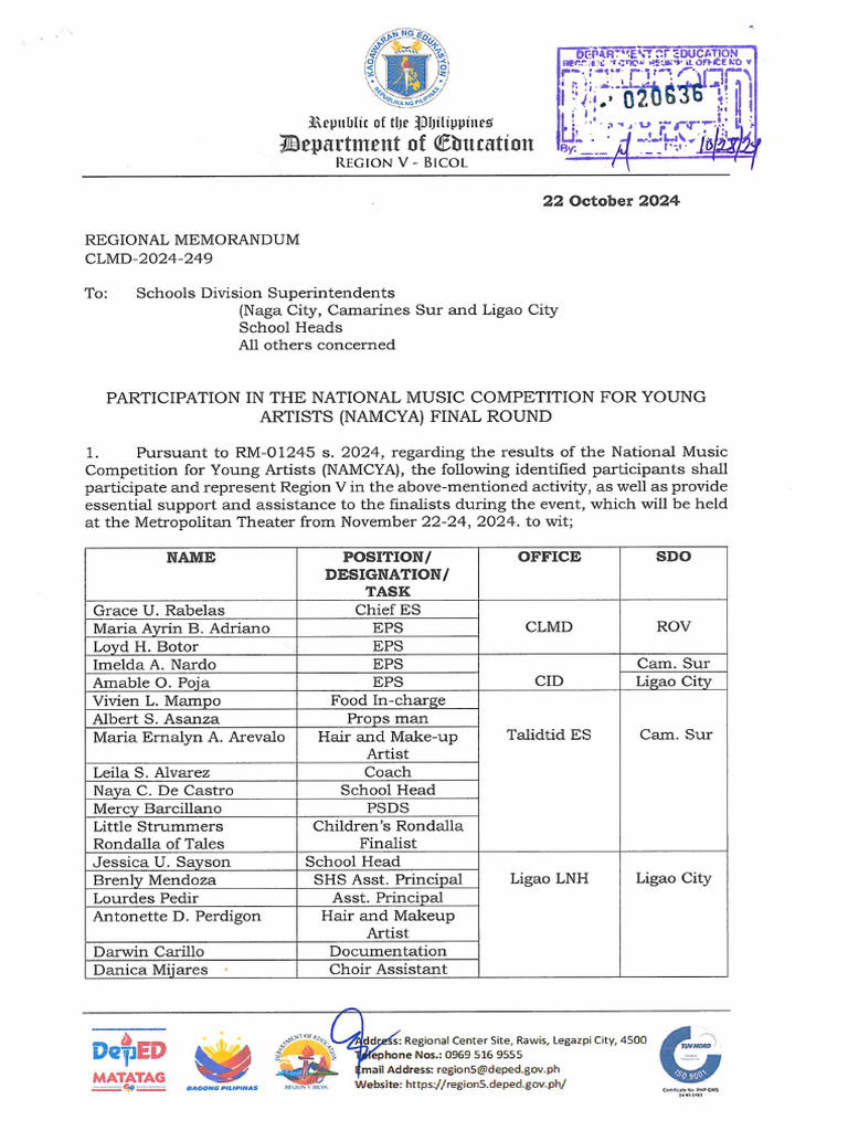 Regional Memo CLMD 2024 249 Participation in The National Music ...
