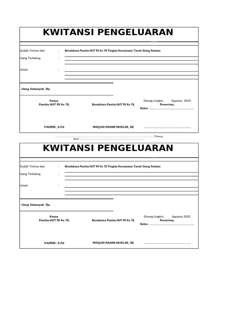 Kwitansi Pengeluaran HUT RI KTSS 2023 | PDF