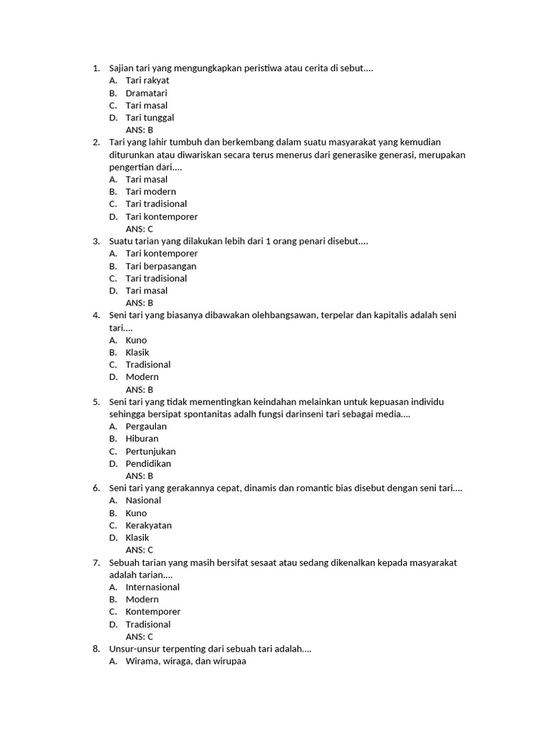 Soal Seni Tari KLS 7 SMT 2 | PDF