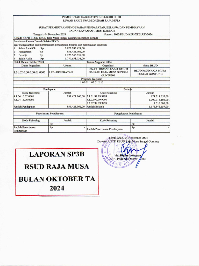 Laporan Sp3bp Bulan Oktober Tahun 2024 Uptd Rsud Raja Musa | PDF