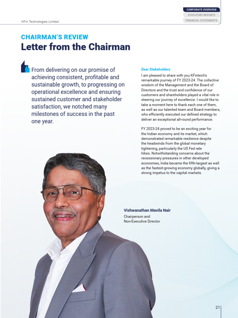 KFintech FY 2023-24 Chairman's Review | PDF | Governance | Investment ...