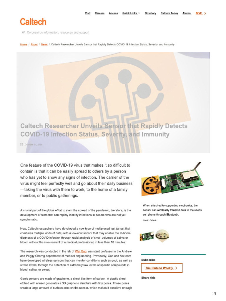 Caltech Researcher Unveils Sensor that Rapidly Detects COVID-19 Infection Status, Severity, and ...