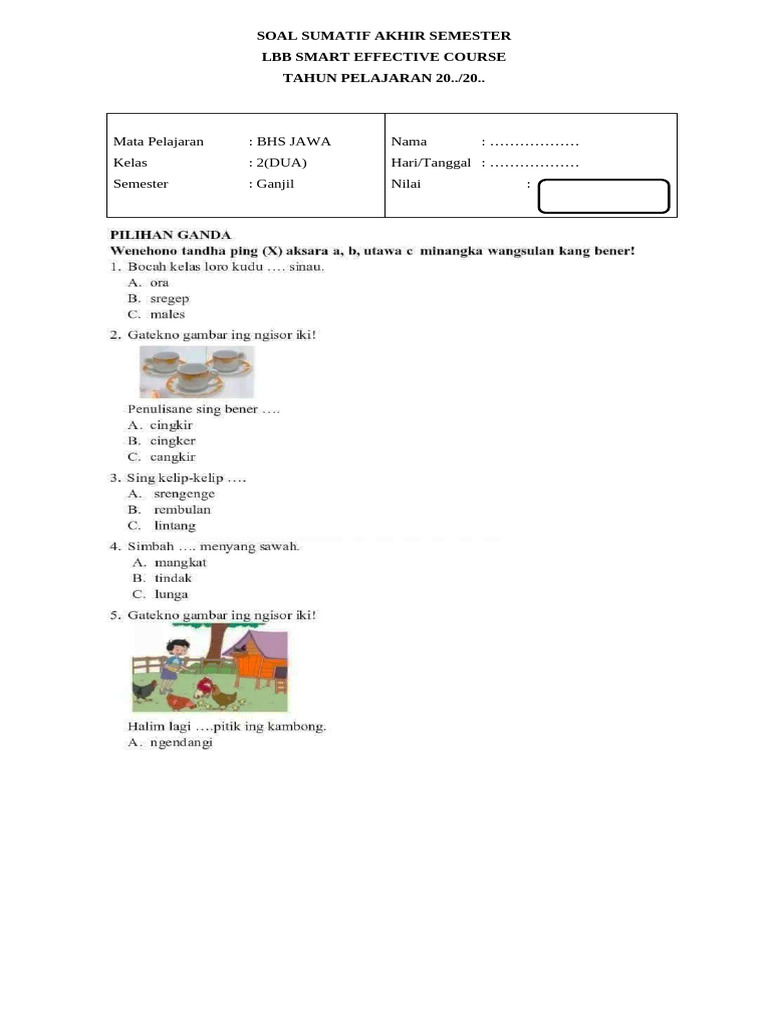 Soal Pas 1 B Jawa Kelas 2 | PDF