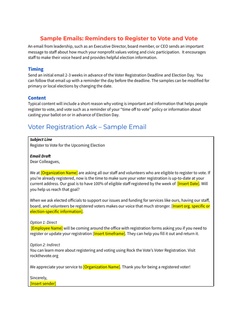 Sample Emails Reminders To Register To Vote and Vote | PDF | Voter ...
