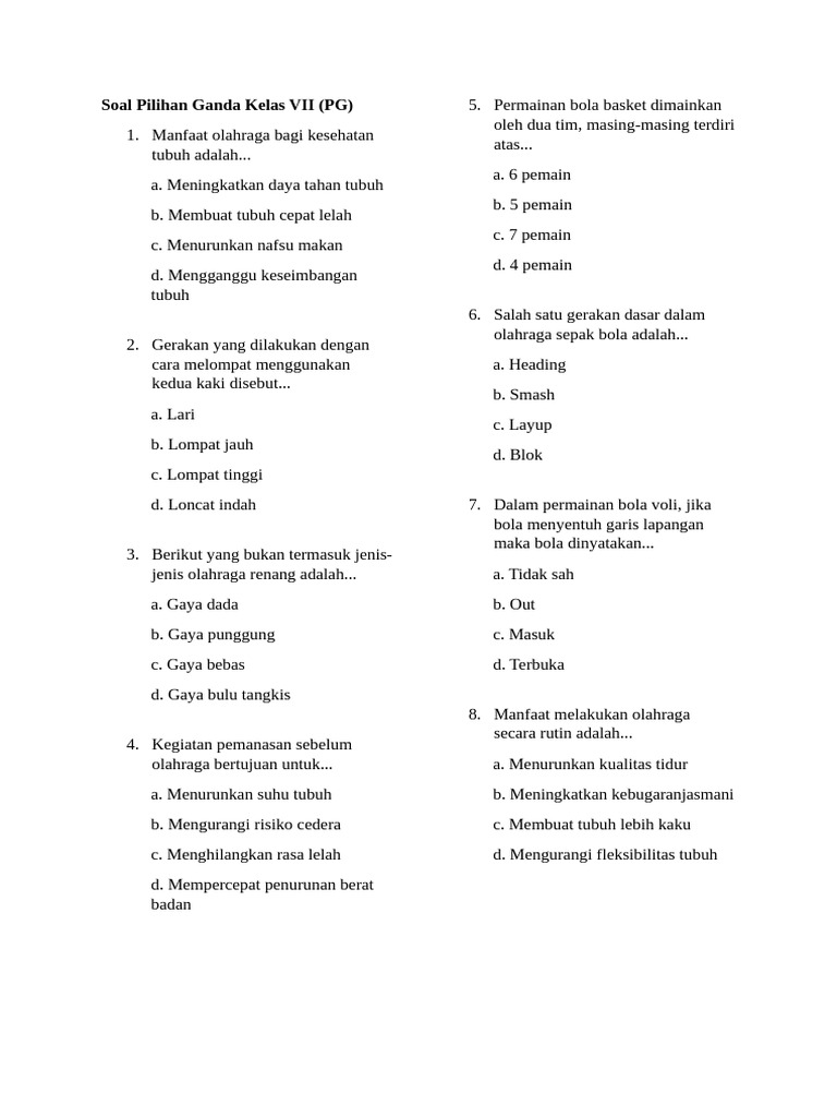 Soal PJOK Semester I Kelas VII 2024 | PDF
