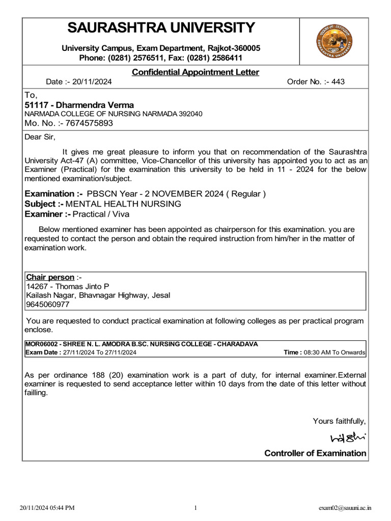 Saurashtra University Examiner Appointment Letter | PDF