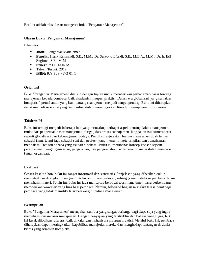 Ulasan Buku "Pengantar Manajemen" | PDF