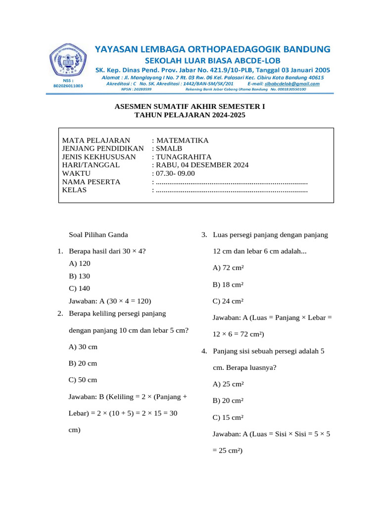 Asesmen Sumatif Akhir Semester I MTK JWB | PDF