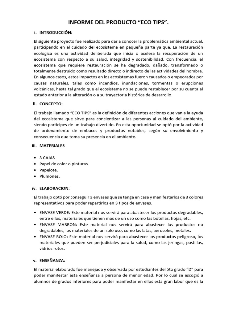 INFORME DEL PRODUCTO ECO TIPS. | PDF | Ecosistema | Ambiente
