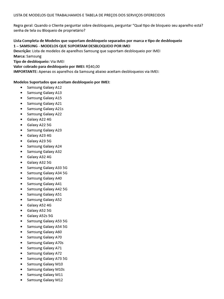 Lista de Modelos Que Trabalhamos e Tabela de Preços Dos Serviços ...