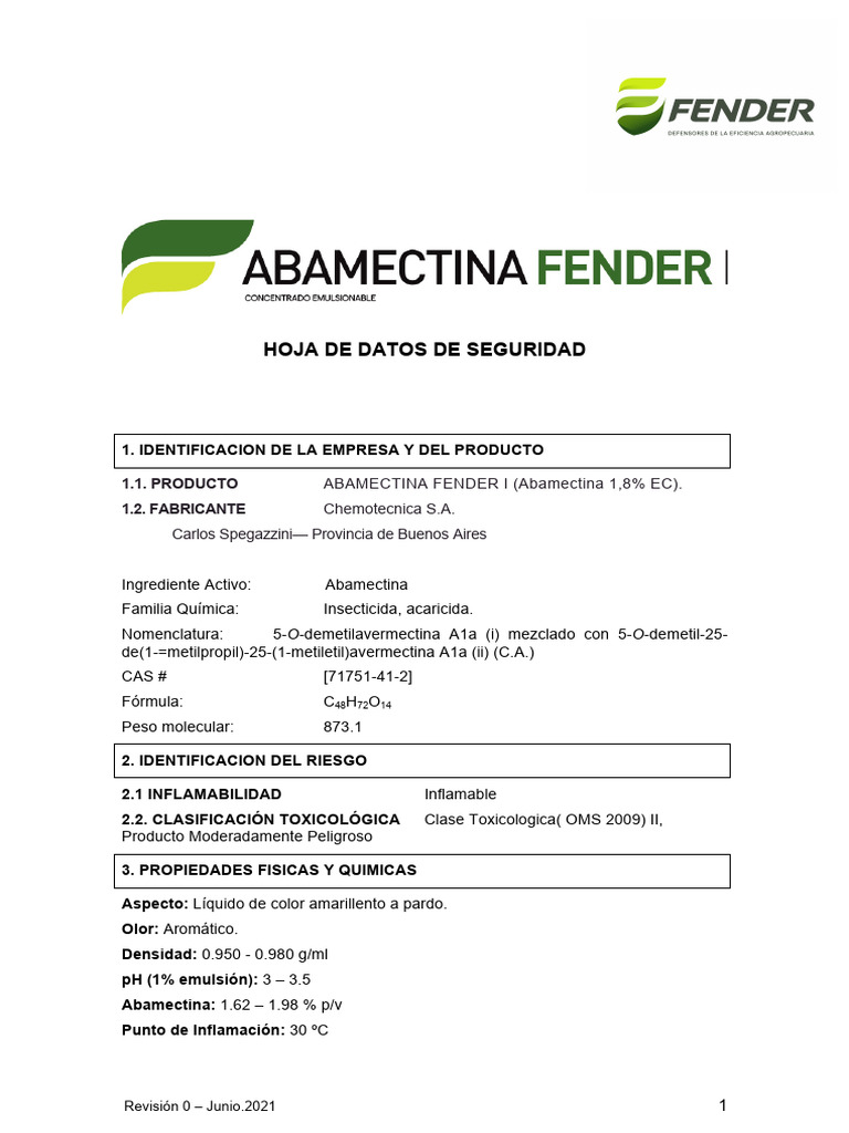 Hoja de Seguridad: Abamectina Fender I | PDF | Agua