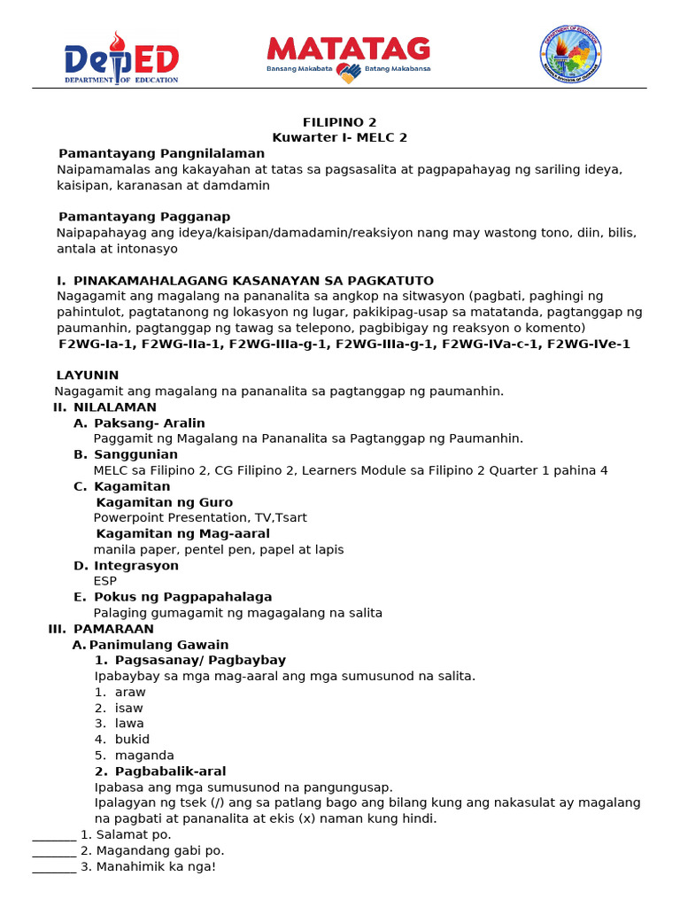 Ayangan ES FILIPINO 2 Lesson plan | PDF