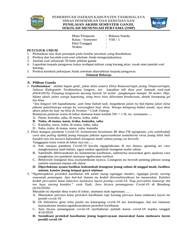 SOAL PAS BAHASA SUNDA Kls 8 | PDF