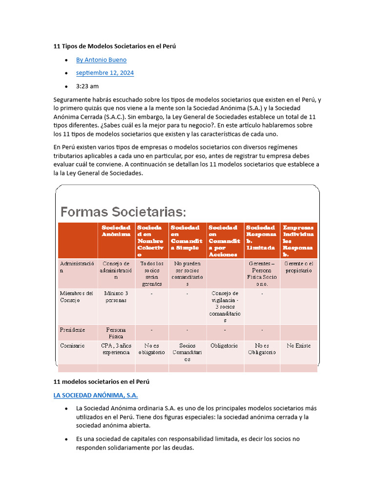 11 Tipos de Modelos Societarios en El Peru | PDF | Economias | Business