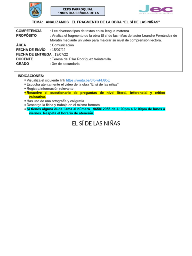 Análisis de "El sí de las niñas" | PDF | Comprensión lectora