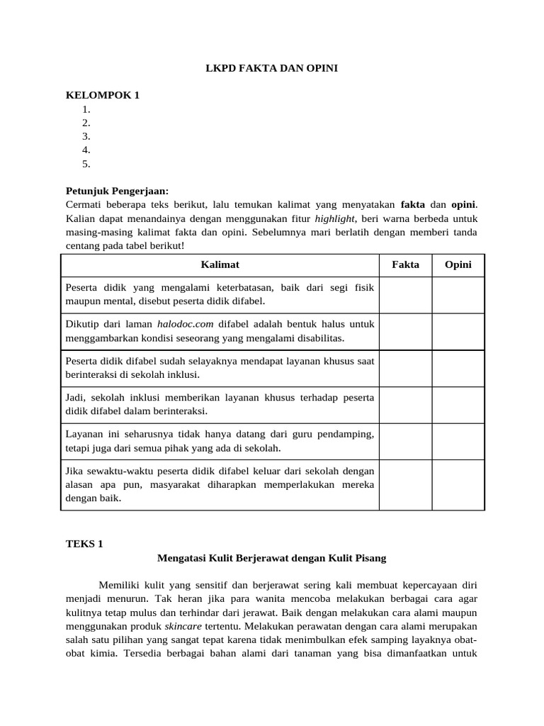 LKPD Fakta Dan Opini | PDF