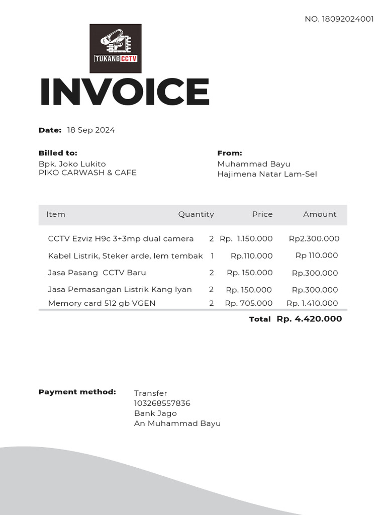 Invoice CCTV Parkiran Tentara Pico Carwash | PDF