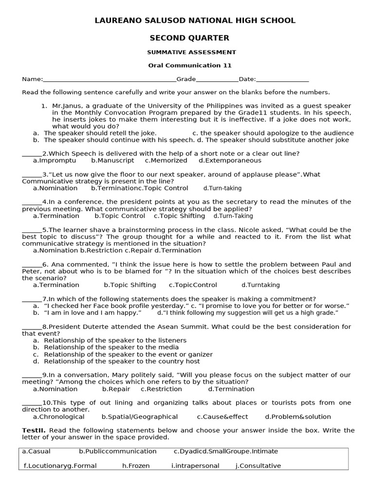 4 Oral Com Second Quarter Exam | PDF | Communication | Human Communication