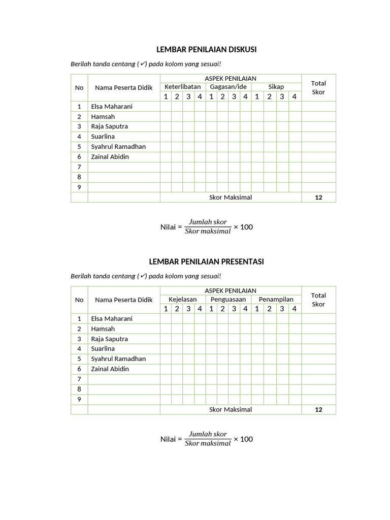 LEMBAR PENILAIAN FORMATIF | PDF