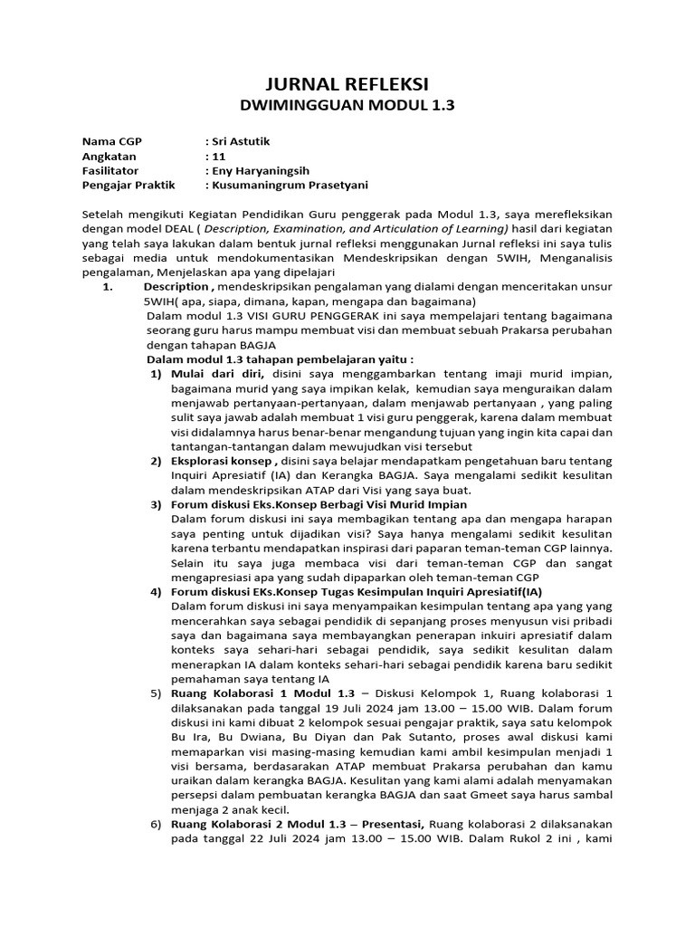 Jurnal Refleksi Dwimingguan Modul 1.3 Sri Astutik | PDF