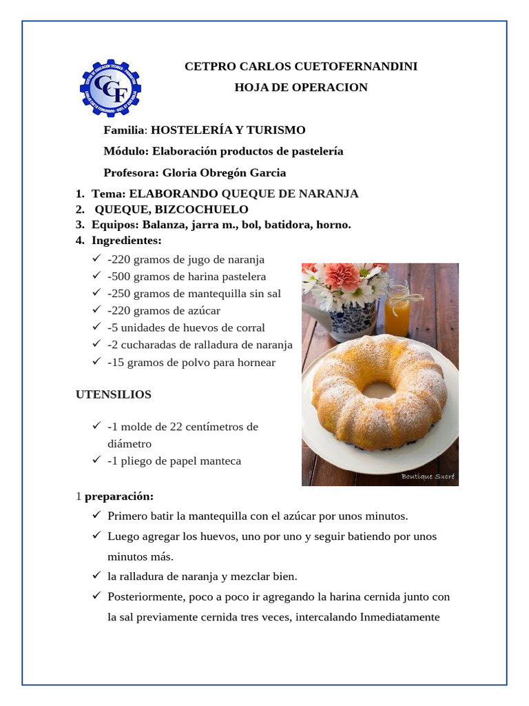 RECETA QUEQUE DE NARANJA-1 | PDF
