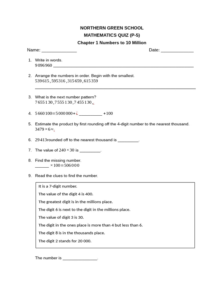 Mathematics Quiz: Numbers to 10 Million | PDF