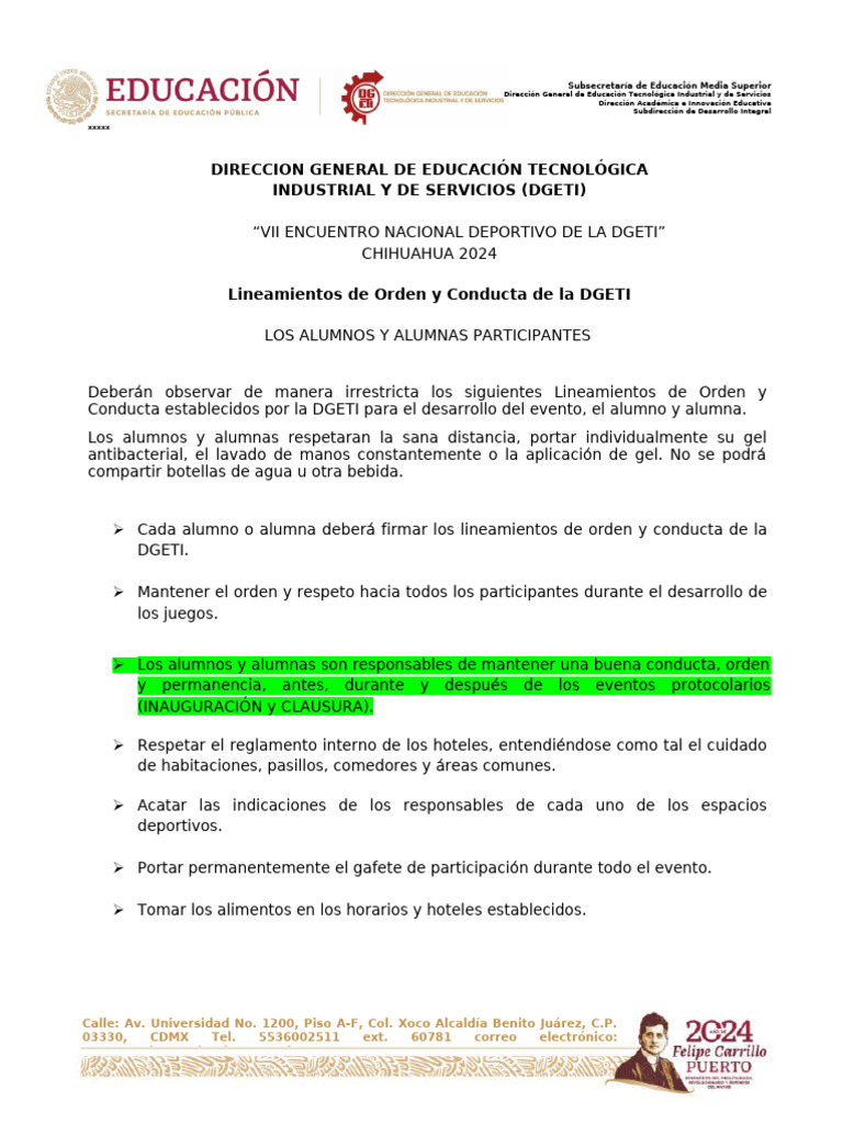 Formato 4 Lineamientos Orden Conducta para Alumnos 2024 | PDF