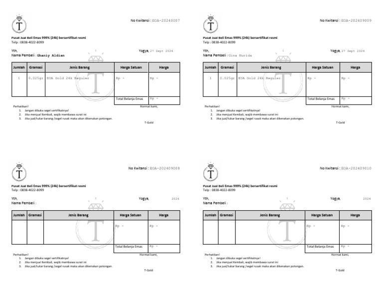 Kwitansi Pembelian Emas EOA Gold | PDF