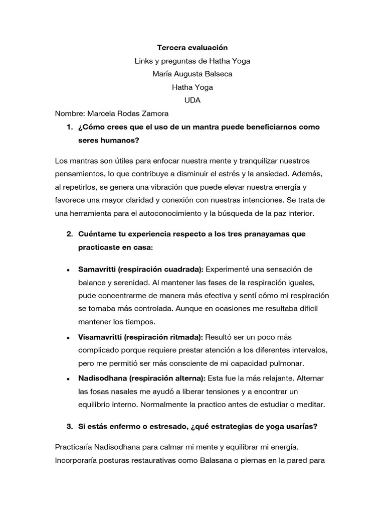 Preguntas Tercera Evaluación Marz | PDF | Meditación | Yoga
