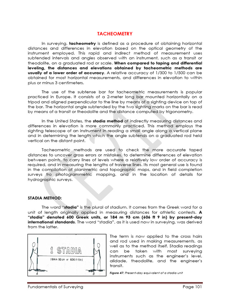Tacheometry and Stadia Methods in Surveying | PDF | Surveying | Metrology