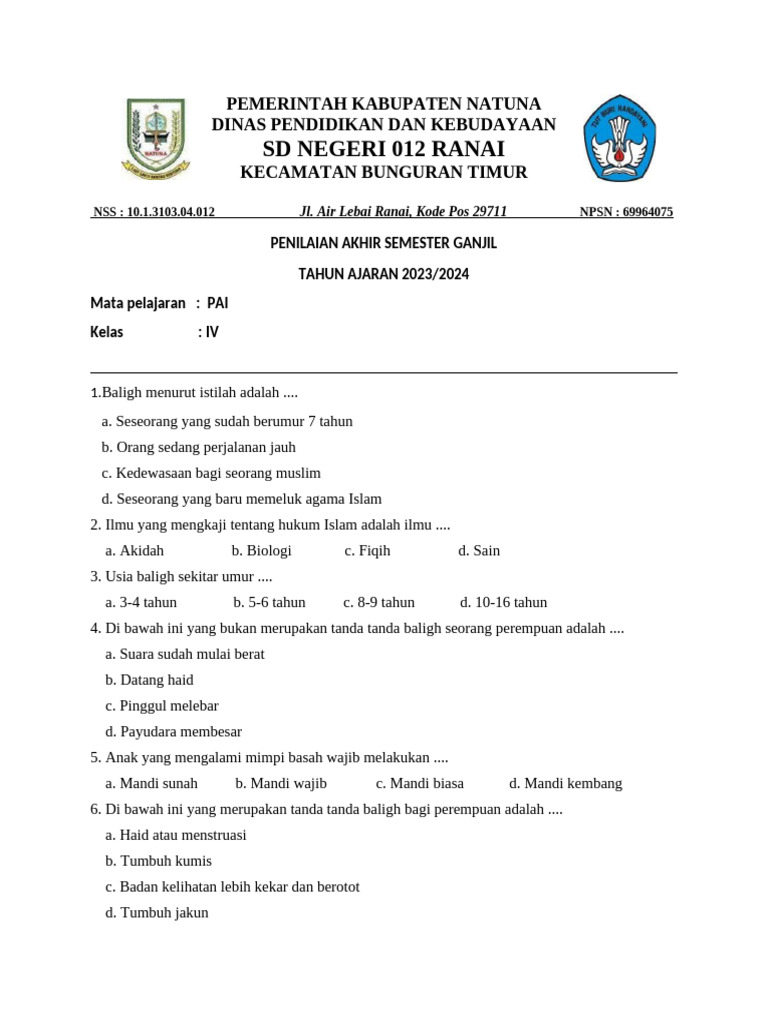 Soal Pas Pai Kelas 4 Semester Ganjil | PDF