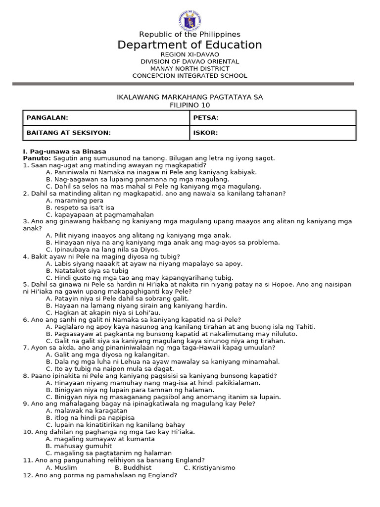 Filipino 10 TQ Q2 | PDF