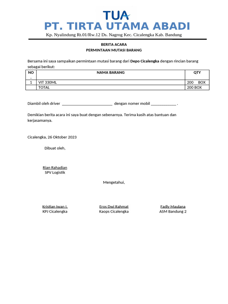 Permintaan Mutasi Barang Cicalengka | PDF