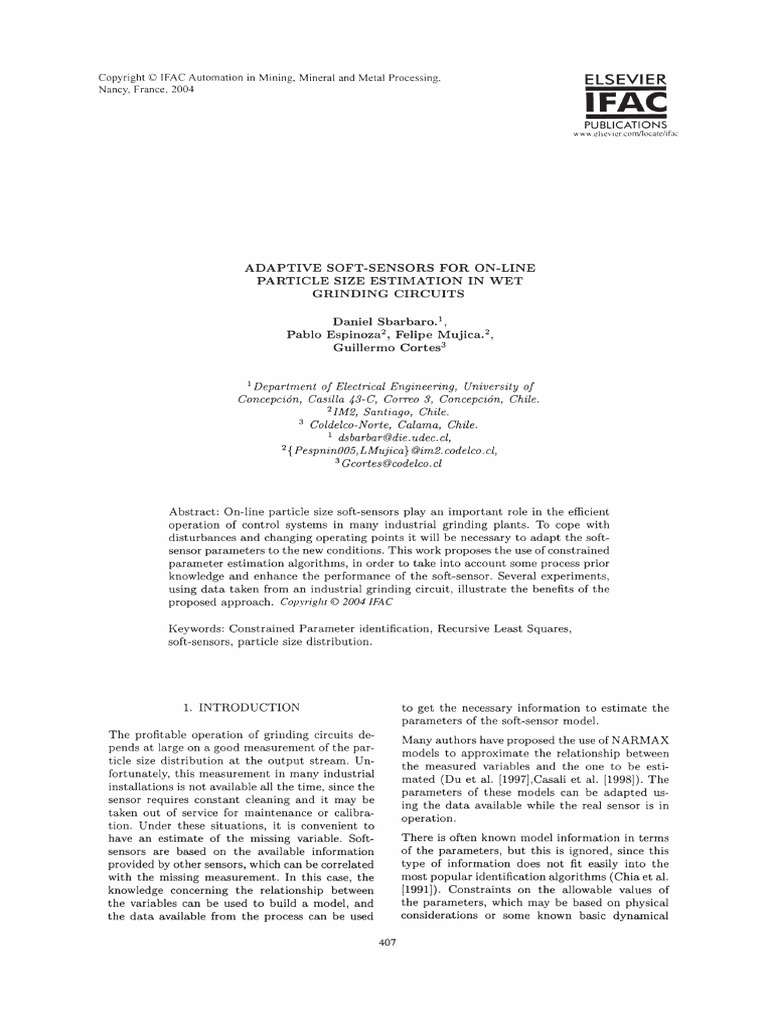 Adaptive Soft Sensors for on Line Particle Size Estimat 2004 IFAC Proceeding | PDF | Nonlinear ...