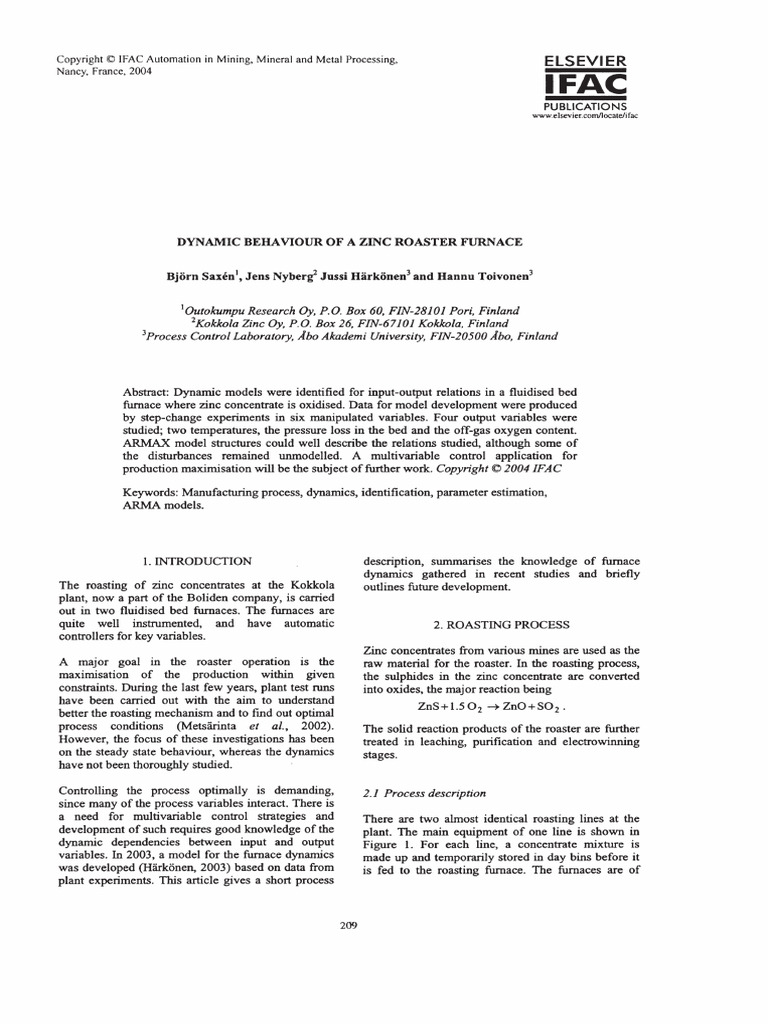 Dynamic Behaviour of A Zinc Roaster Furnace 2004 IFAC Proceedings ...