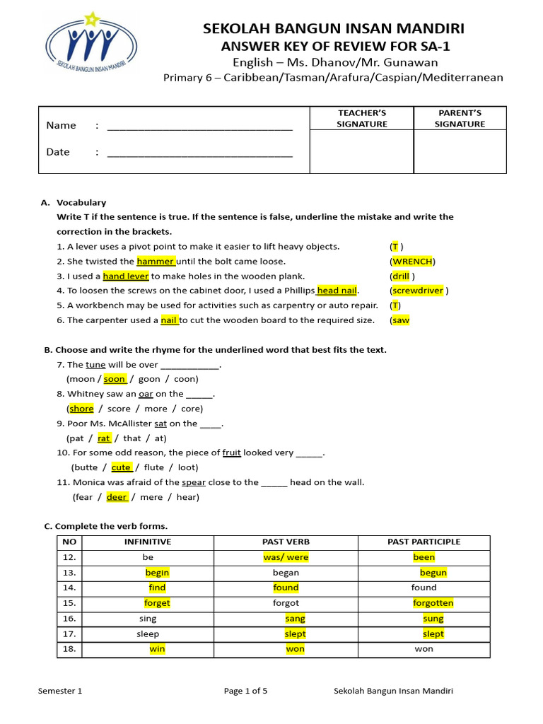 ENG-P6-ANSWER KEY-REVIEW of SA 1-NOVEMBER 2023 Ms Dhanov | PDF