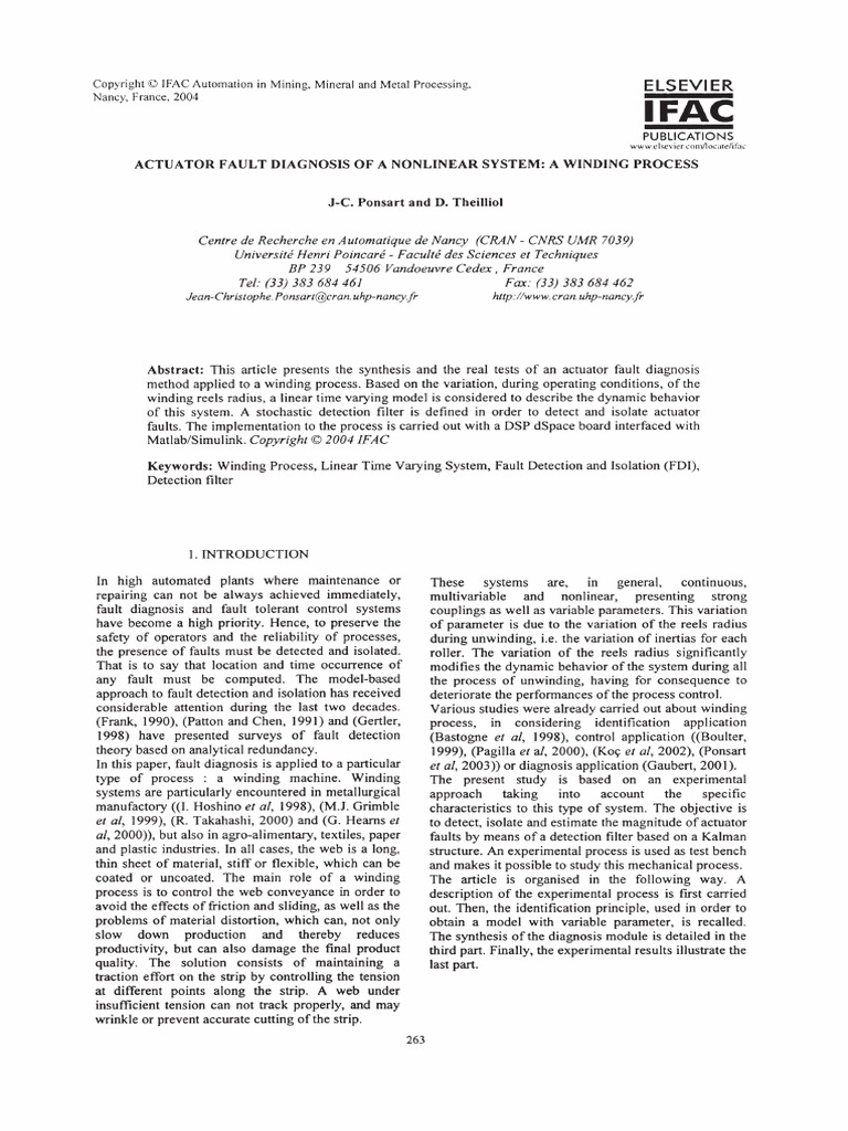 Actuator Fault Diagnosis of A Nonlinear System A Wi 2004 IFAC Proceedings V | PDF | Matrix ...
