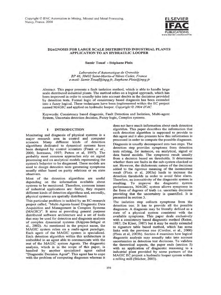 Diagnosis for Large Scale Distributed Industrial Plants 2004 IFAC Proceedin | PDF | Medical ...