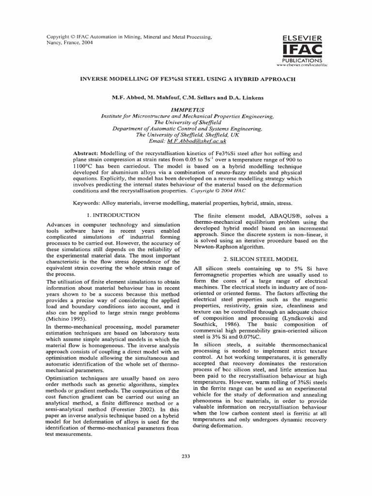 Inverse Modelling of FE3 SI Steel Using a Hybrid a 2004 IFAC Proceedings Vol | PDF | Materials ...