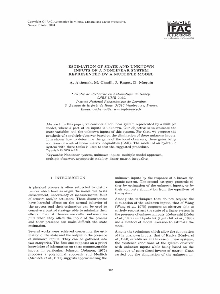 Estimation of State and Unknown Inputs of A Nonlinear Sy 2004 IFAC Proceedin | PDF | System Of ...