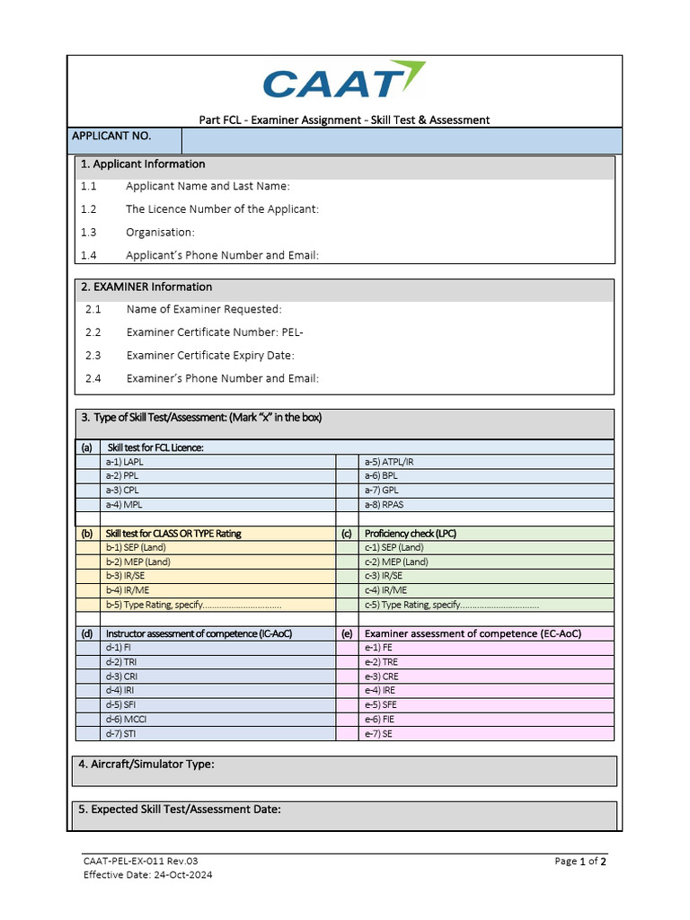 CAAT-PEL-EX-011 Rev.03 Part FCL-Examiner Assignment-Skill Test ...