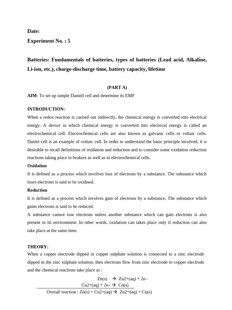Exp. No. 5 _ Batteries | PDF | Redox | Electrochemistry