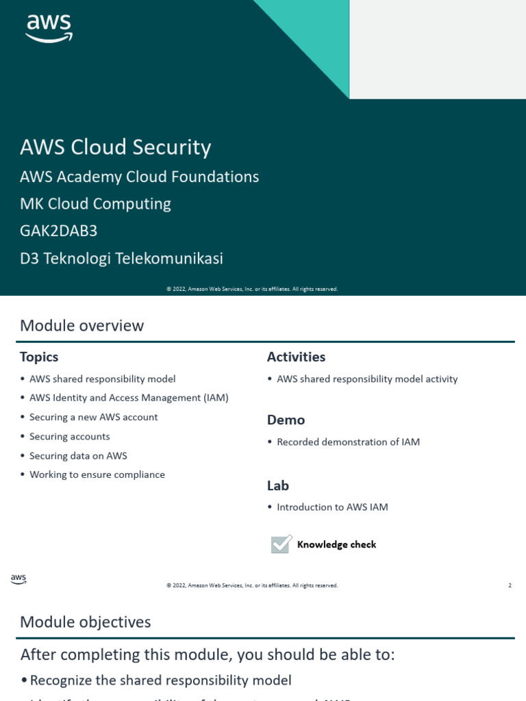 Modul 7 AWS Cloud Security (AWS) - TELU | PDF | Amazon Web Services | Cloud Computing