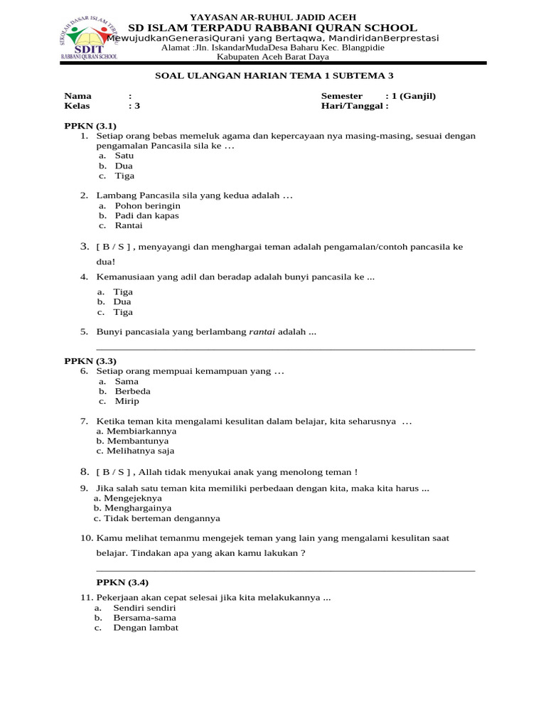 Soal UH Tema 1 Subtema 3 | PDF