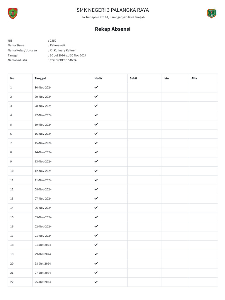 Rekap Absensi Juli-Nop 2024 | PDF