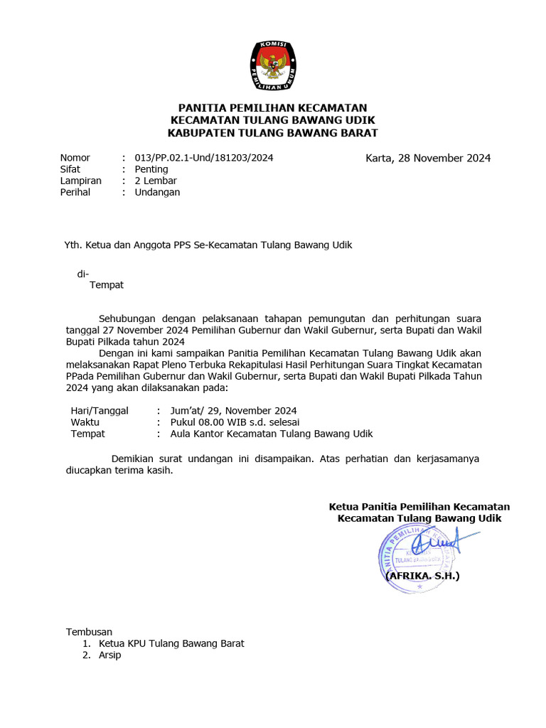 Undangan Rapat Pleno Tingkat PPK Tbu | PDF